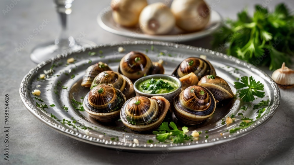 An elegant plate of escargots de Bourgogne, featuring snails in shells ...