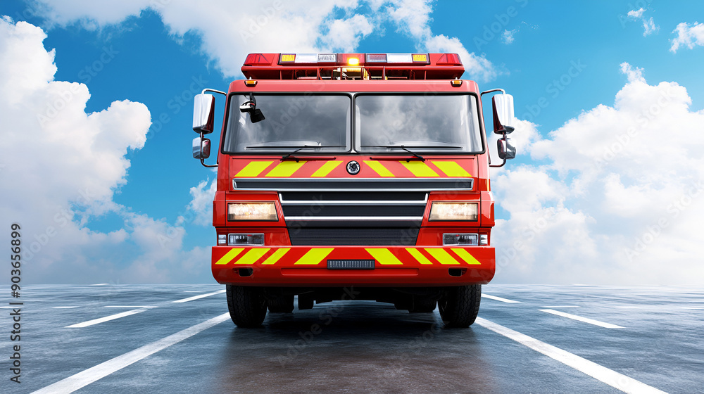 Front view of a fire truck with a ladder warning stripes and lots of ...