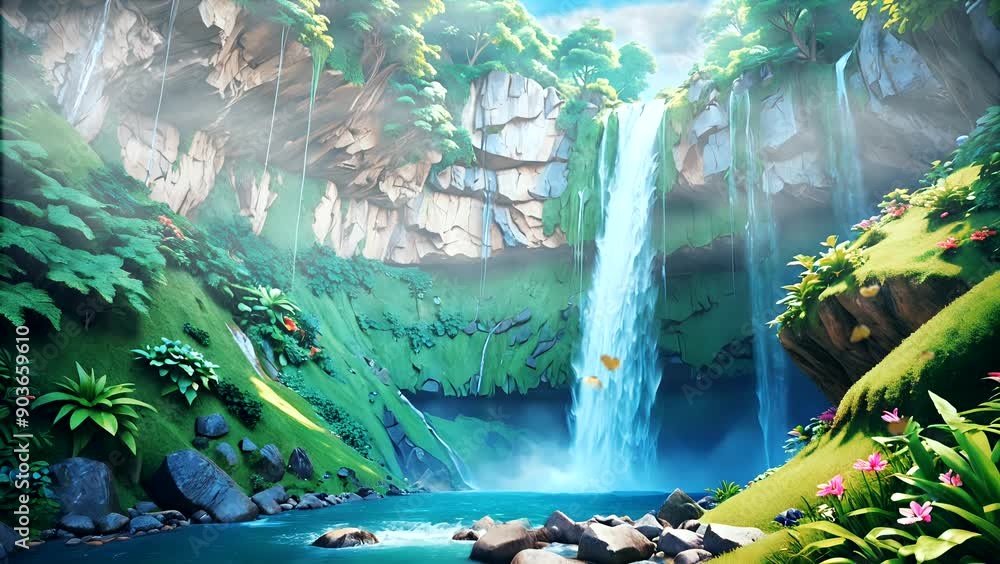 AI-generated tall and striking waterfall with animated splashes and ...