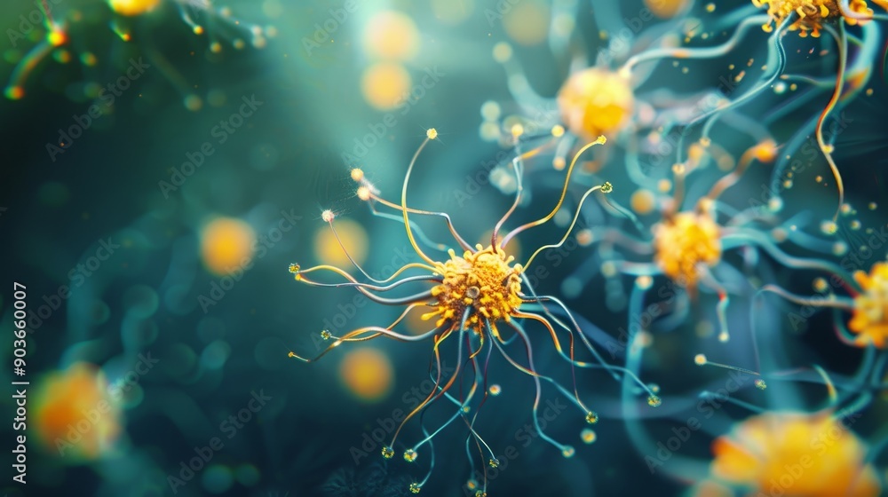 Microscopic view of a cluster of yellow viruses with blue tentacles ...