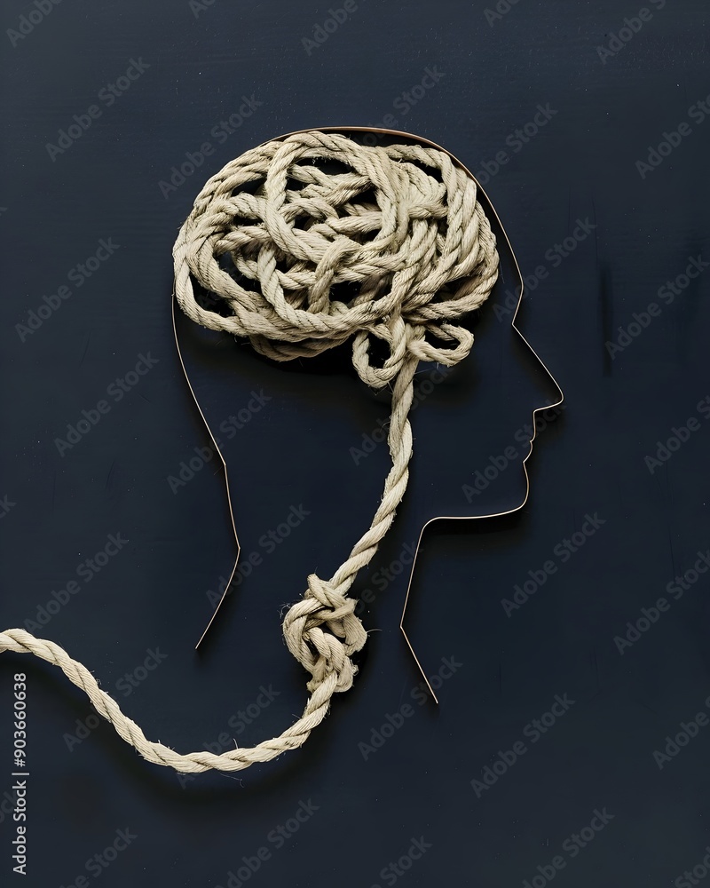 A side profile outline of a human head filled with tangled rope ...