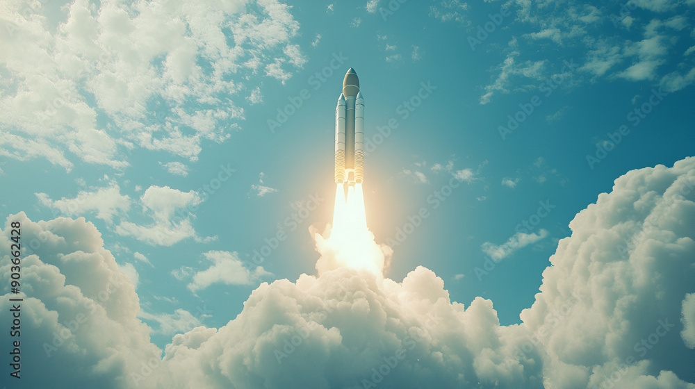 Rocket launching into the sky through fluffy clouds The image captures ...
