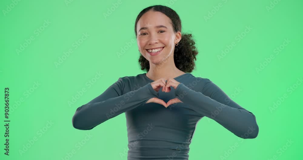 Heart, green screen and athlete with smile, portrait and symbol for ...