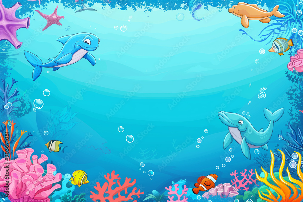 cartoon sea animals swimming in the ocean with corals and fish Stock ...