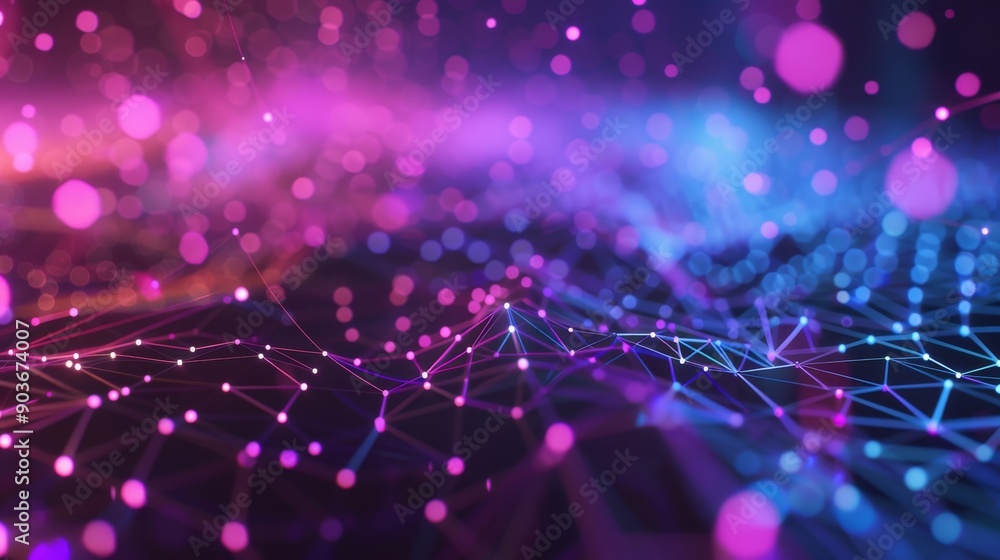 A closeup visual of a holographic network showcasing floating nodes and connections illuminated ...