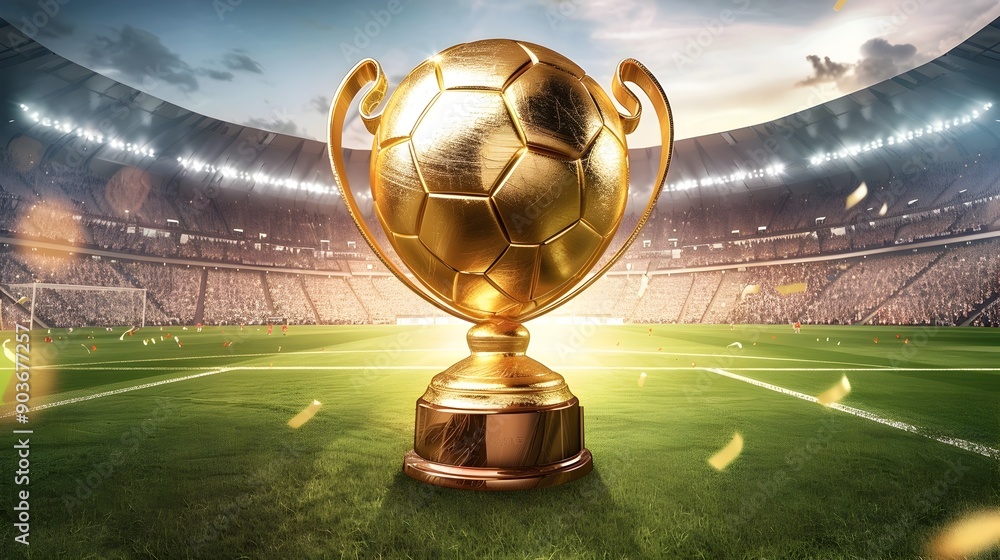 Gleaming golden football trophy prominently displayed on the field of a ...