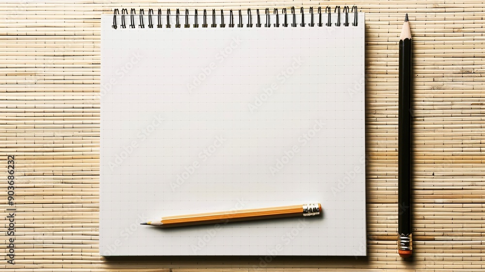 Ultra-sharp flat lay of a blank notepad and pencil, shown in clear and ...