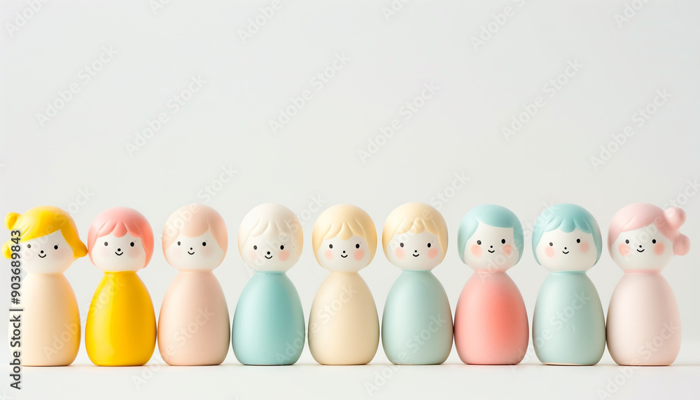 Multicolored toy figures in a row against a white background, each with ...