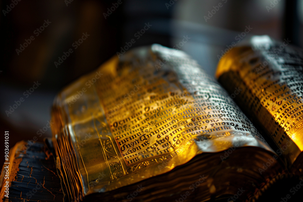 An ancient medieval illuminated manuscript. Open book showing ancient ...