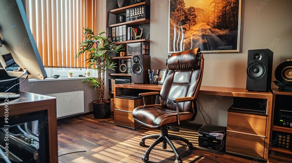Ultra-clear photograph of a sophisticated office setup with a leather ...