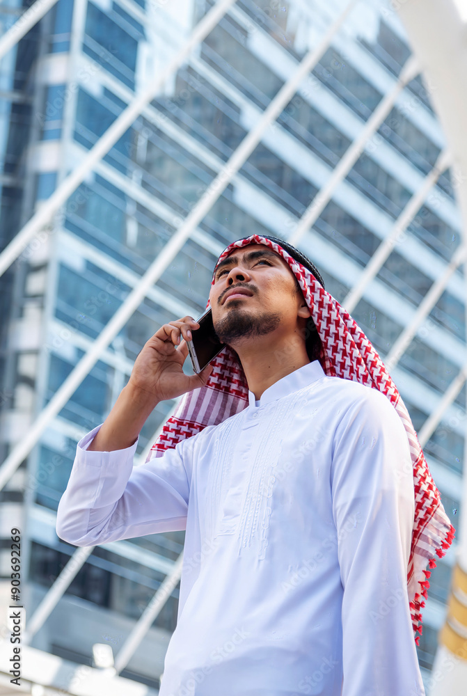 Portrait Vertical Islamic man use smartphones app schedule agenda focus ...