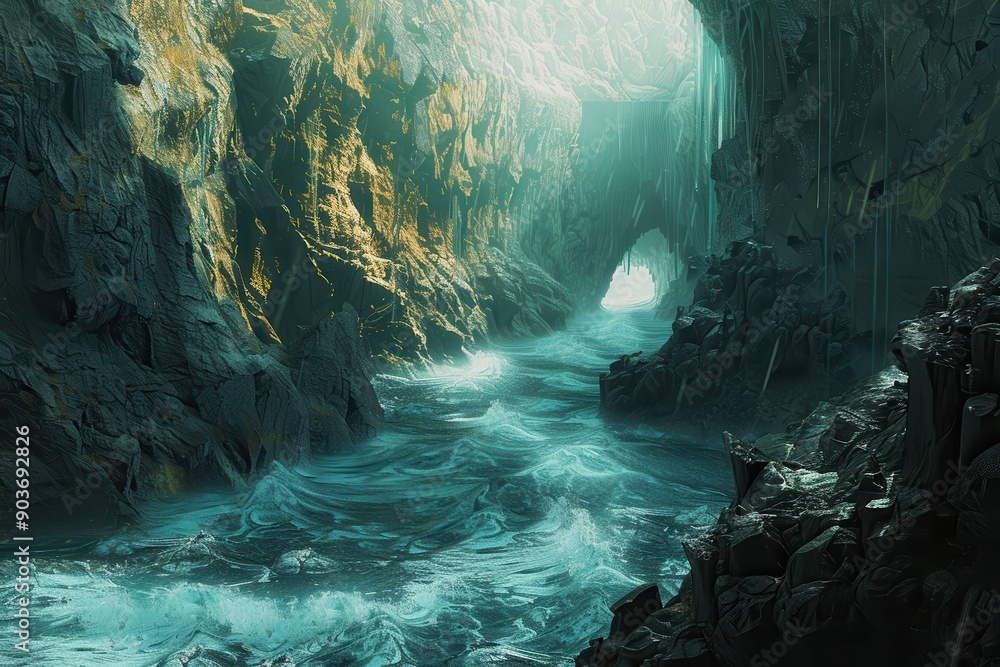 Mysterious underground river flowing through a majestic cavern Stock ...