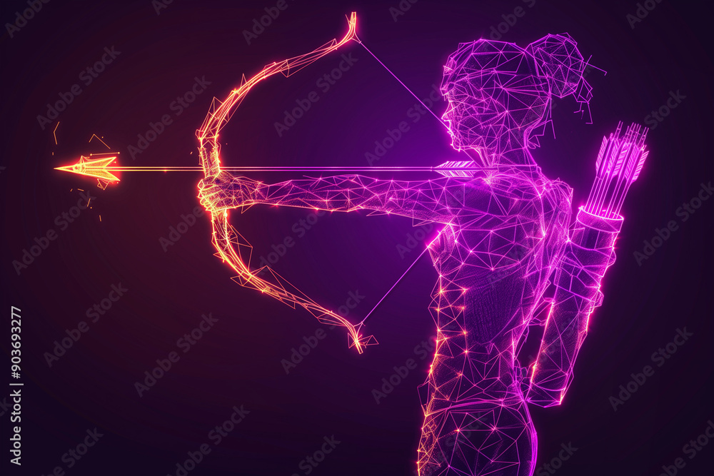 The archer is ready to release the arrow from his bow. bright purple ...