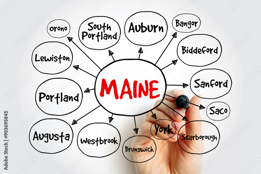 List of cities and towns in Maine USA state mind map, concept for ...