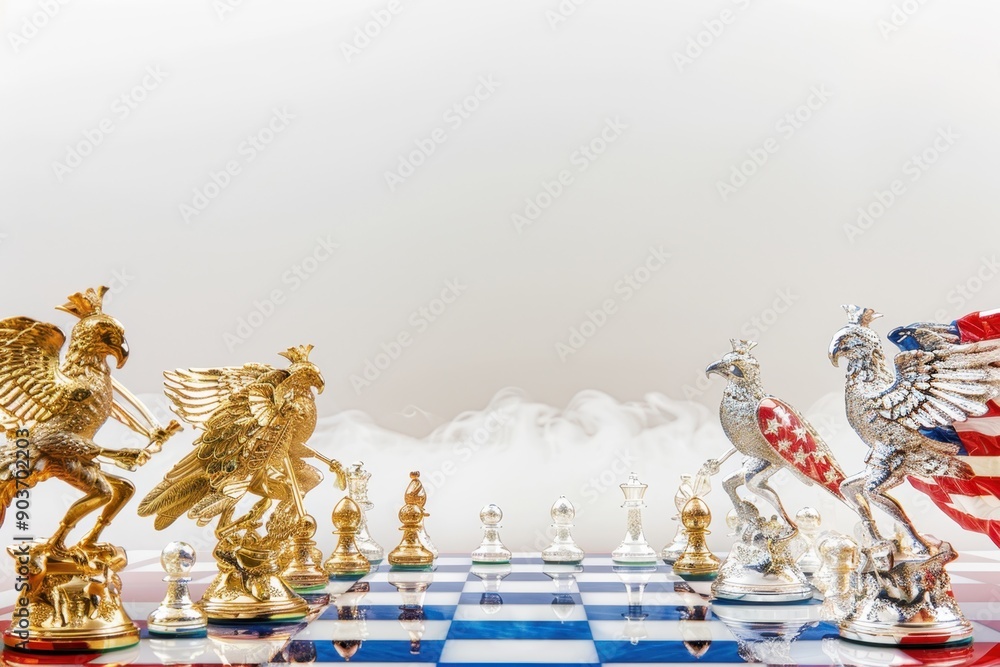Political chess unfolds. Eagles face stars. Marble board hovers. Smoke ...