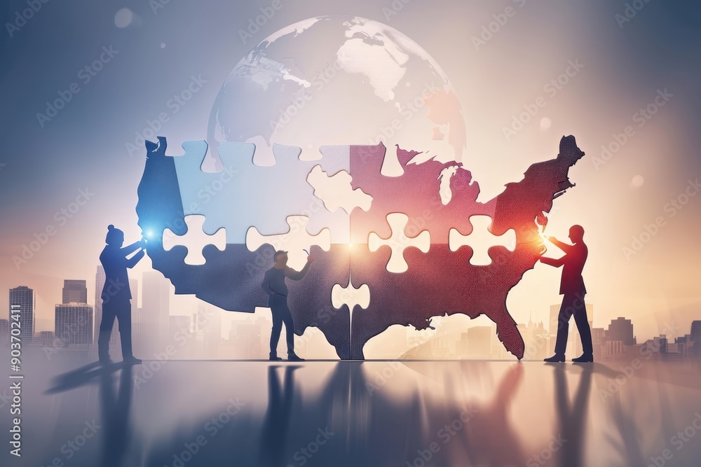 Divided nation puzzle. Blue red teams assemble. States float incomplete ...