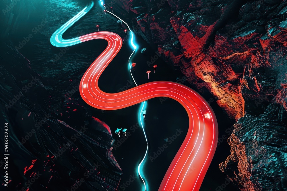 Political marathon unfolds. Red blue lanes wind. Rugged terrain ...