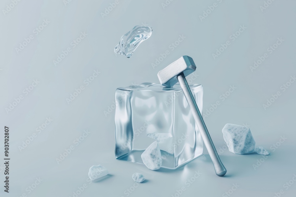 Hammer cracking ice block, minimalist style. Abstract, cold shapes ...