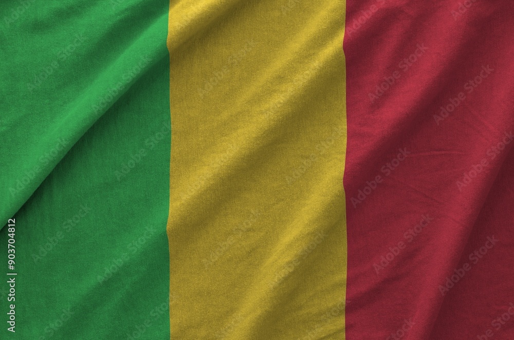 Mali flag depicted on folded wavy fabric of old cloth close up Stock ...