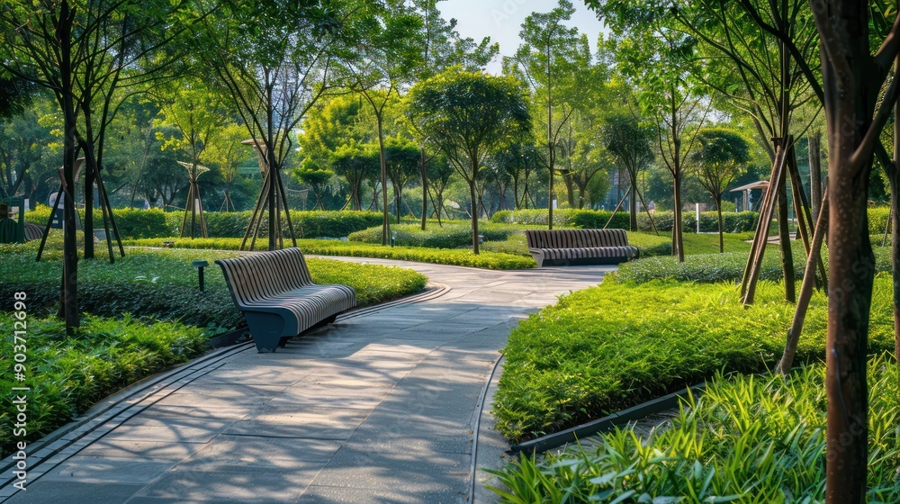 Park landscape design with pathways, greenery, and seating areas Stock ...