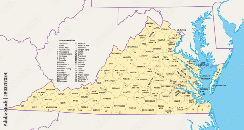 Virginia counties and cities, political map. Commonwealth of Virginia ...