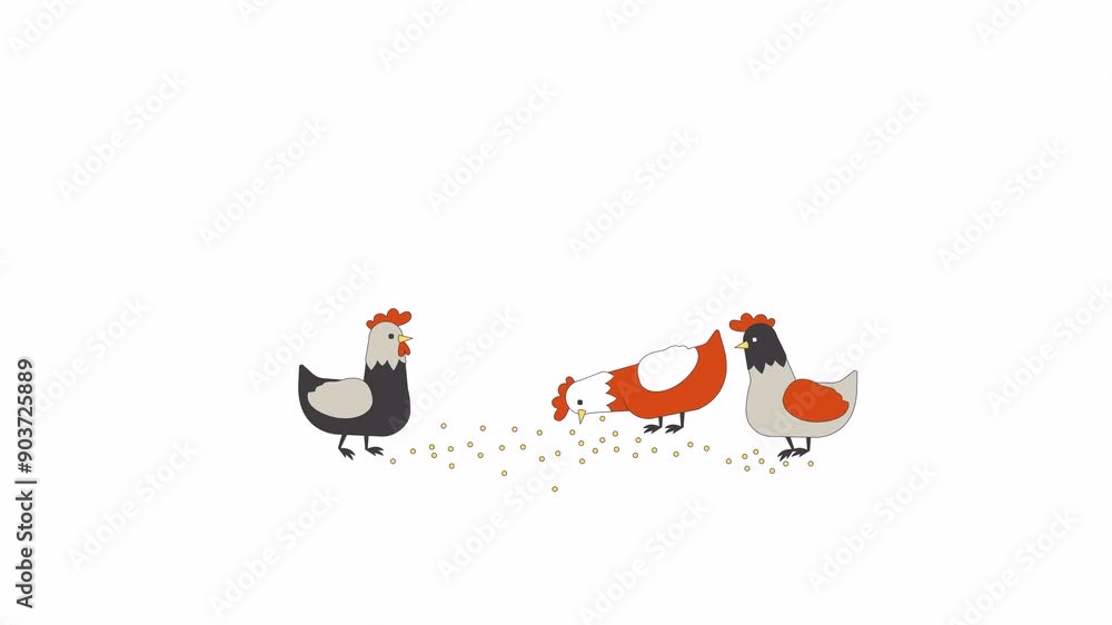 Chicken pecking grains line 2D characters animation. Hens flock flat ...