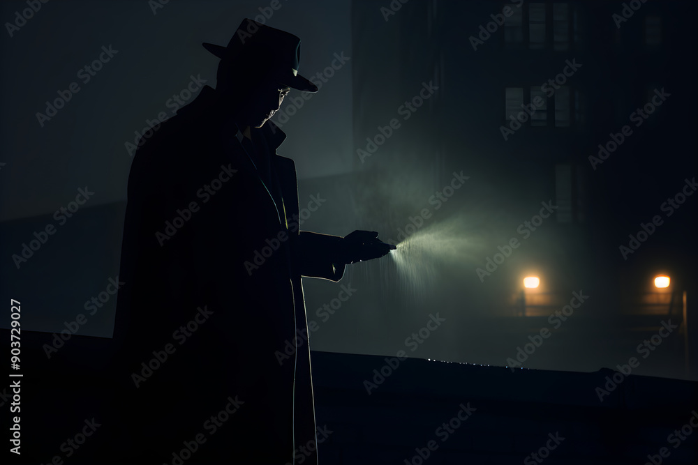 Classic Noir-Esque Scene Featuring a Trench-Coated Detective Examining ...