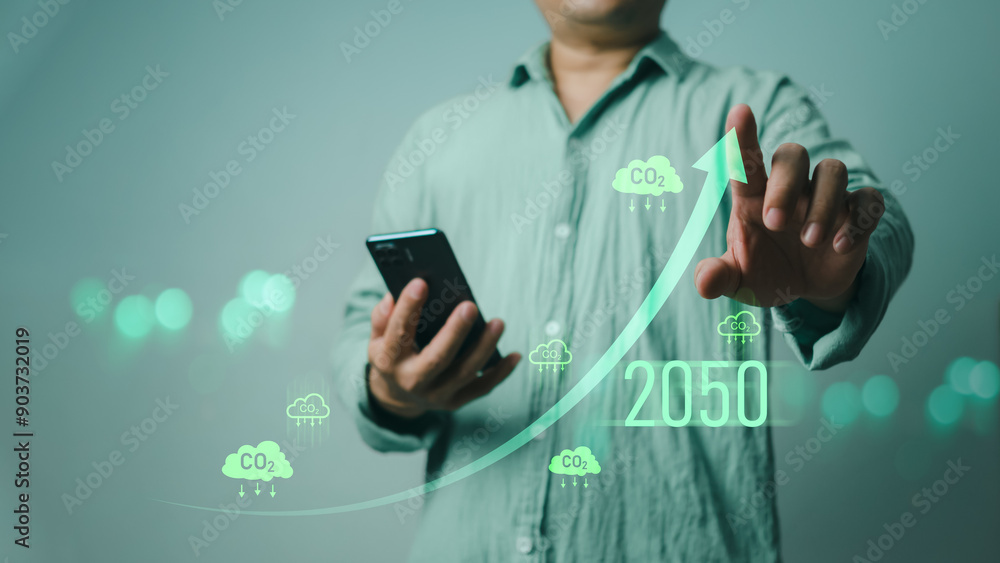 Carbon reduction and carbon credit to limit global warming from climate change, Businessman ...