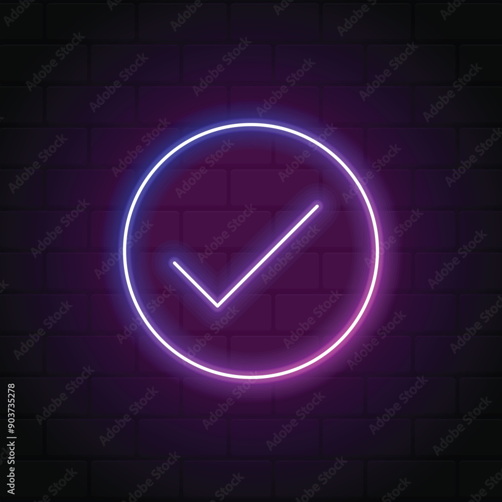 Check mark in neon style. Purple tick check mark. Retro sign with ...
