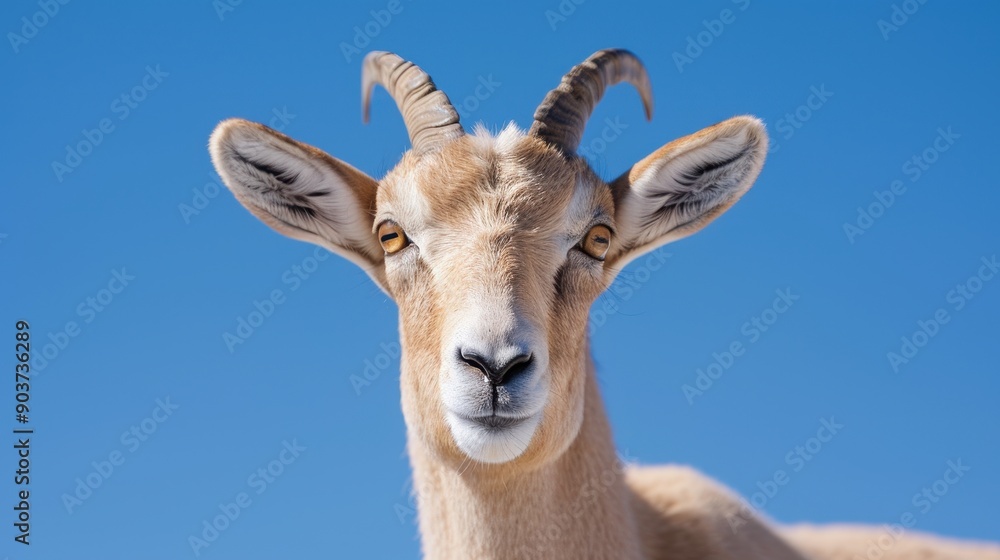 A goat with a long horn is staring at the camera. The goat is looking ...