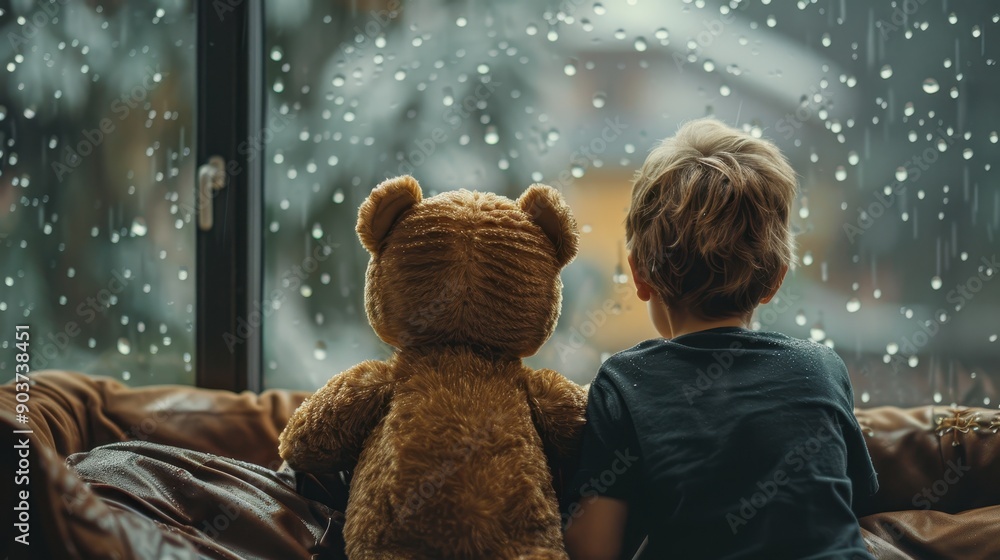 Sad boy cuddle teddy bear sitting near window in the morning, alone kid ...