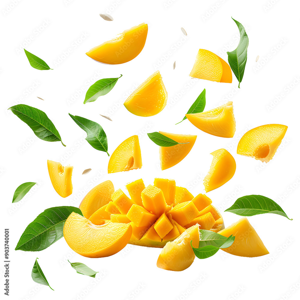 falling Mango with half slices falling or floating isolated on ...