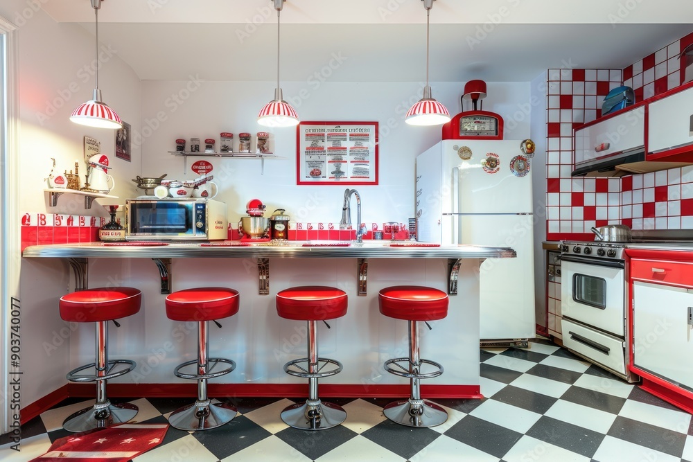Retro 1950s Diner Kitchen with Red Vinyl Bar Stools and Chrome ...