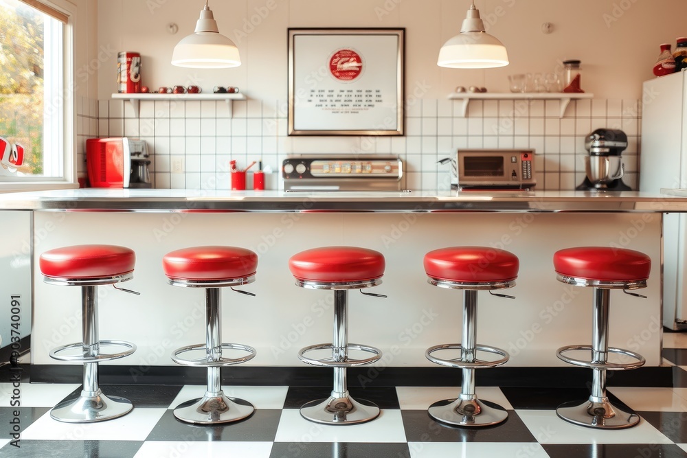 Retro 1950s Diner Kitchen with Red Bar Stools and Chrome Countertop ...