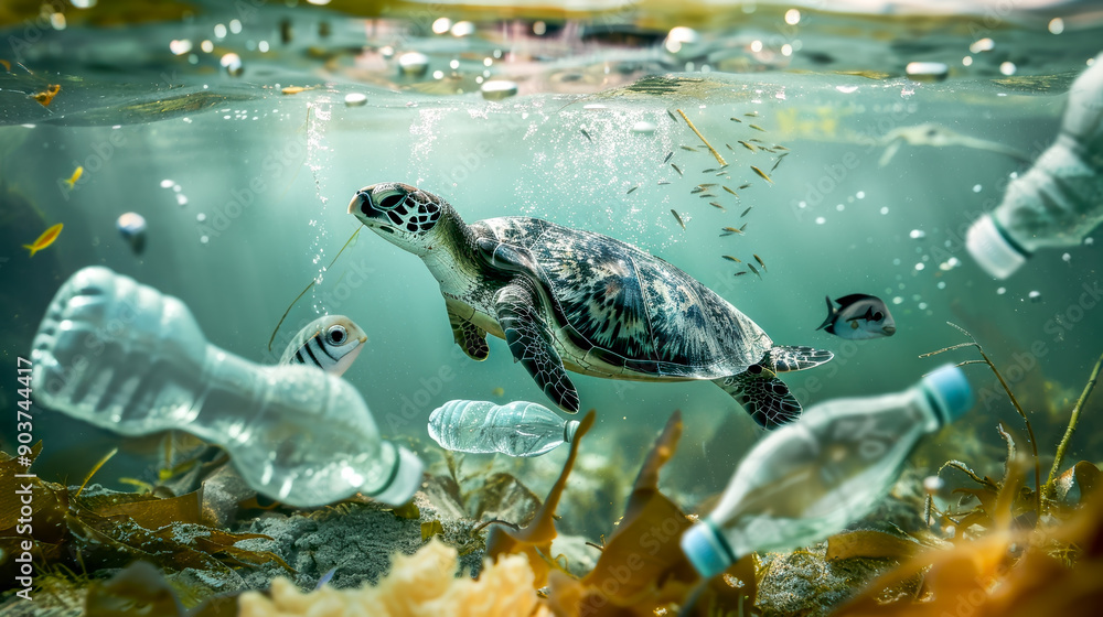 Plastic polution problem in ocean, sad Sea Turtle with plastic bottles ...