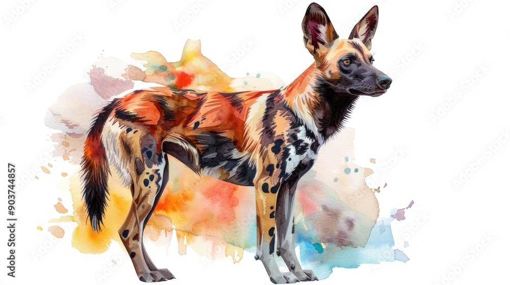 Vibrant Watercolor Depicting a Playful Pack of Cartoon Style African ...