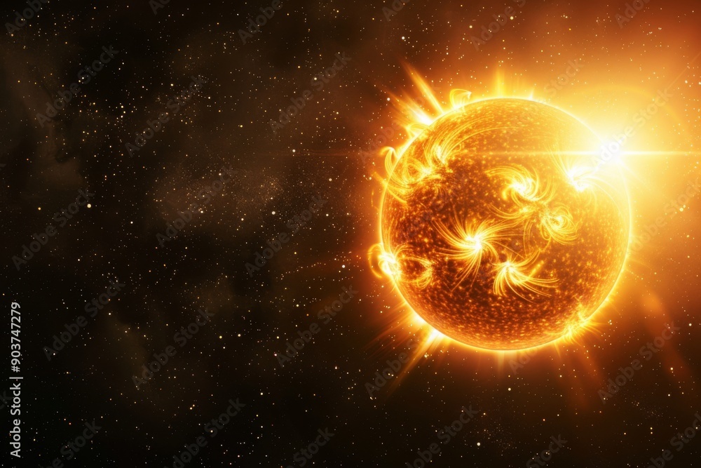 Powerful Sun in space close up. Burning star with plasma emissions in ...