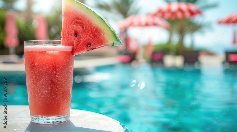 Glass of fresh watermelon smoothie juice drink on border of a swimming ...