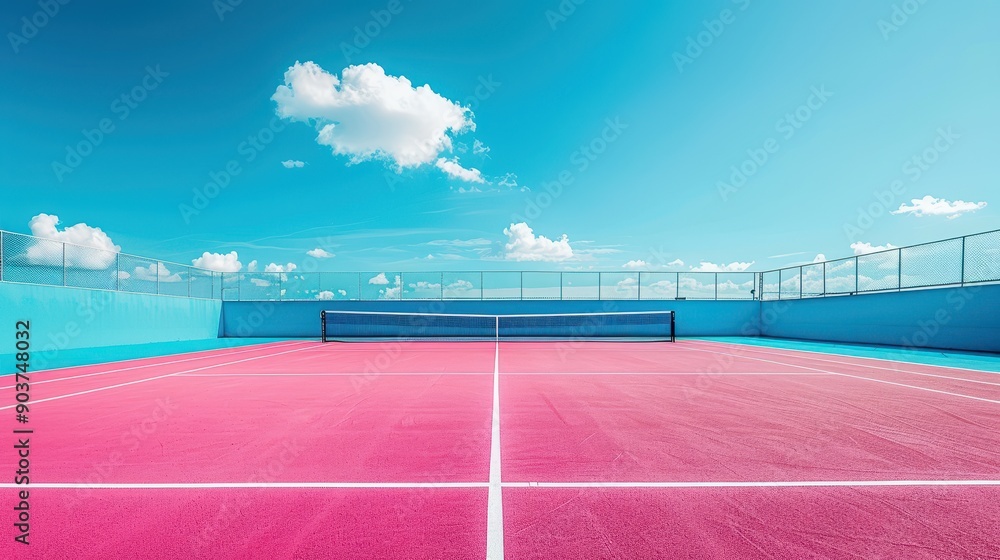 Empty public Pink tennis court during the day with a cloudy sky in park ...