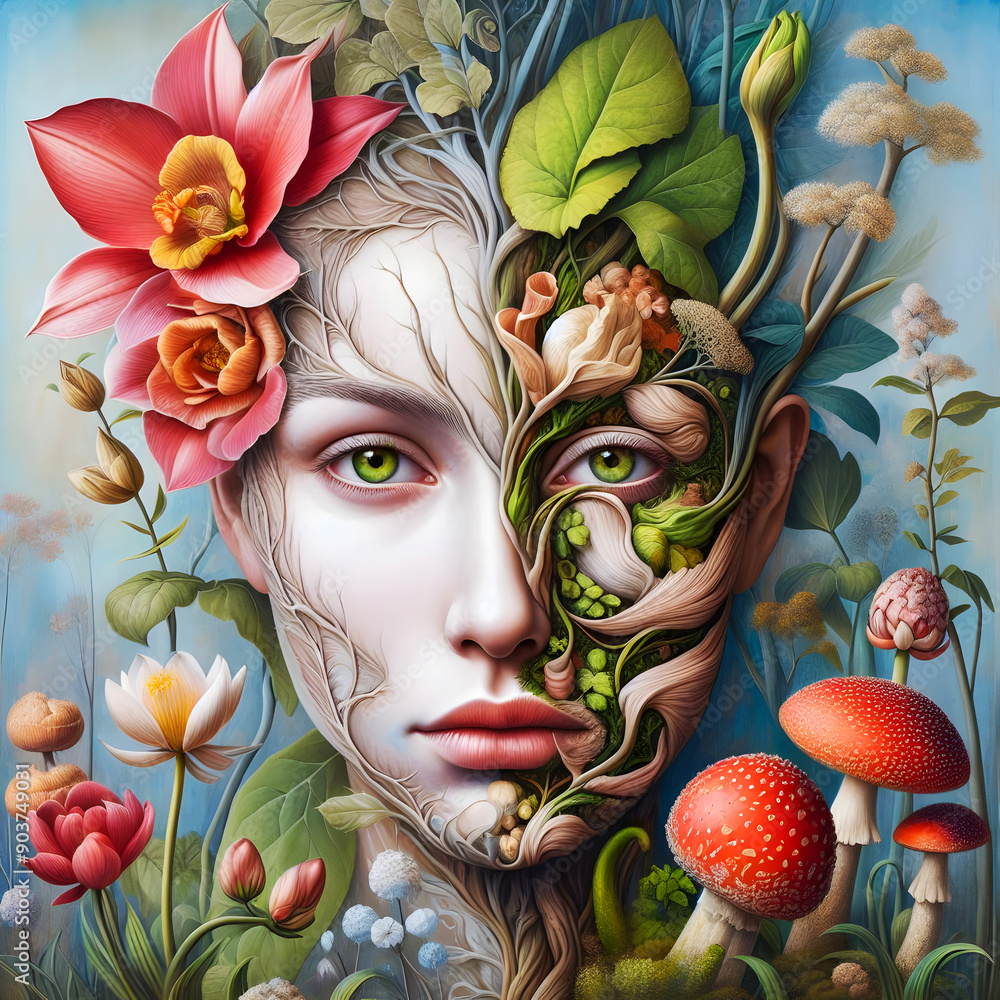 Botanical Anatomy woman face portrait Art with leaves flowers and ...