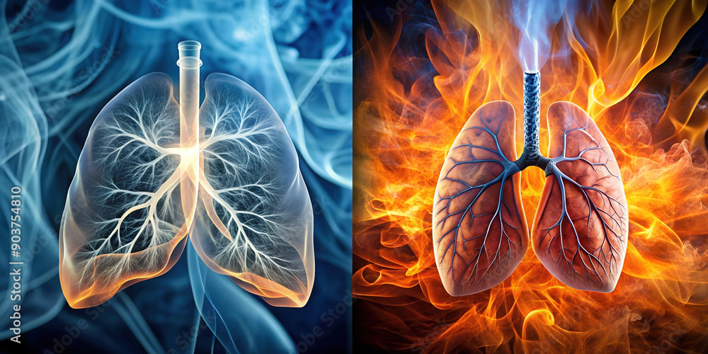 Comparison of the lungs of healthy person and a smoker. Sick lungs burn ...