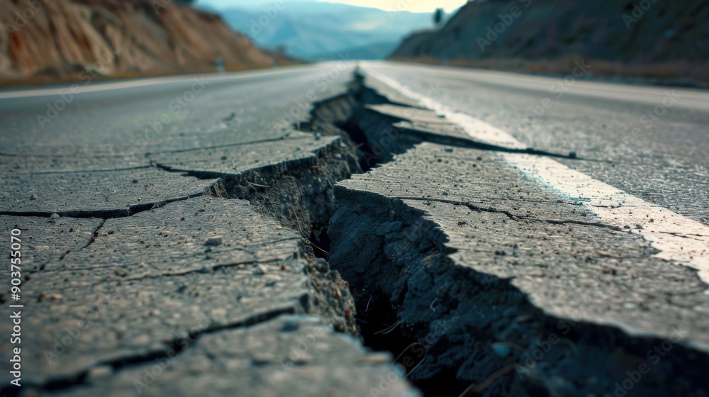 Damage highway collapses huge cracks. Asphalt road collapsed and fallen ...