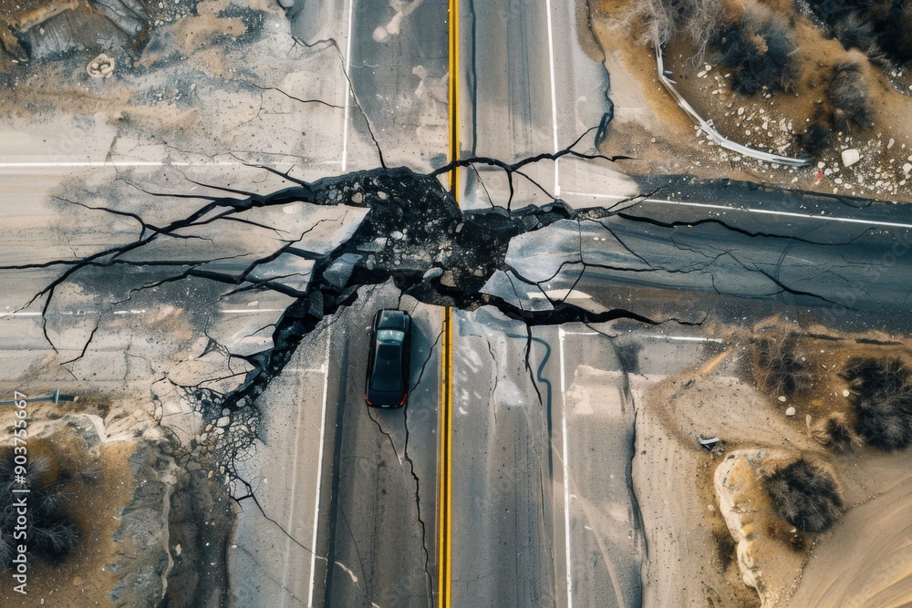 Damage highway collapses huge cracks. Asphalt road collapsed and fallen ...
