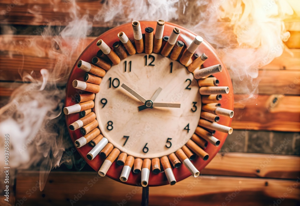 Wall clock made of cigarettes and smoke. Smoking takes time and ...