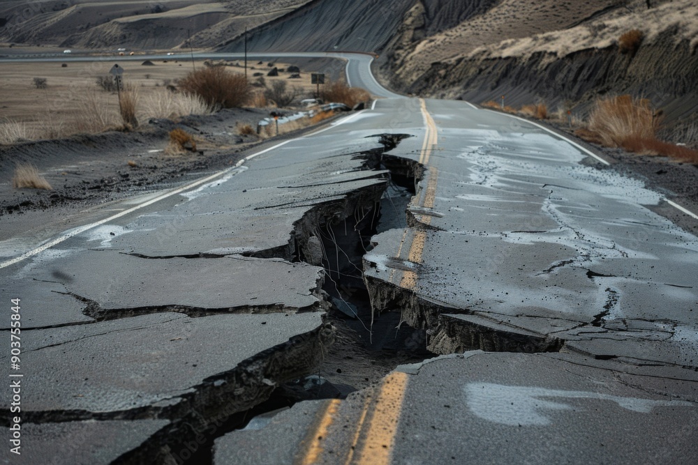 Damage highway collapses huge cracks. Asphalt road collapsed and fallen ...