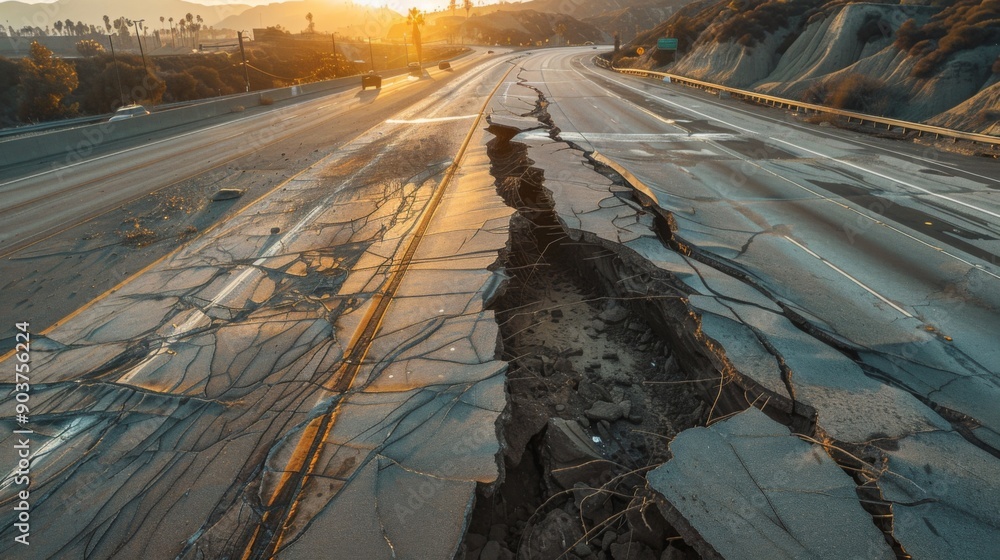 Damage highway collapses huge cracks. Asphalt road collapsed and fallen ...