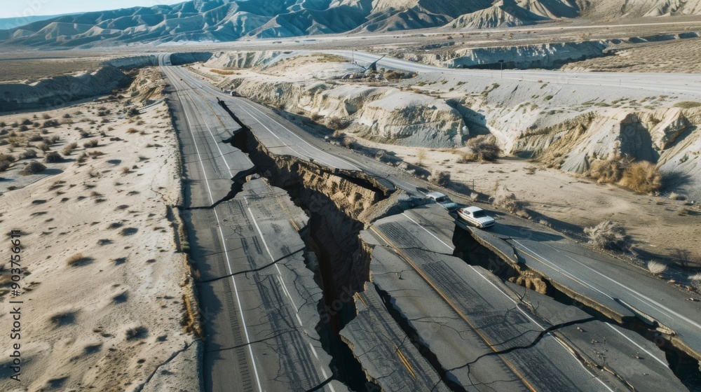 Damage highway collapses huge cracks. Asphalt road collapsed and fallen ...