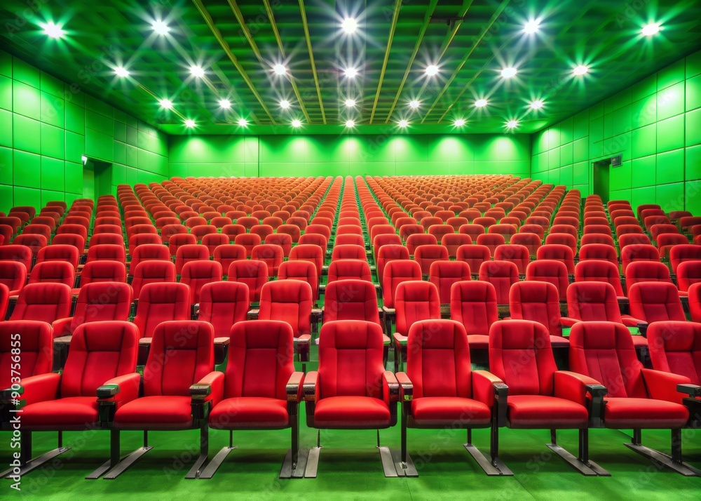 Vibrant chroma green screen fills the backdrop of a realistic cinema ...