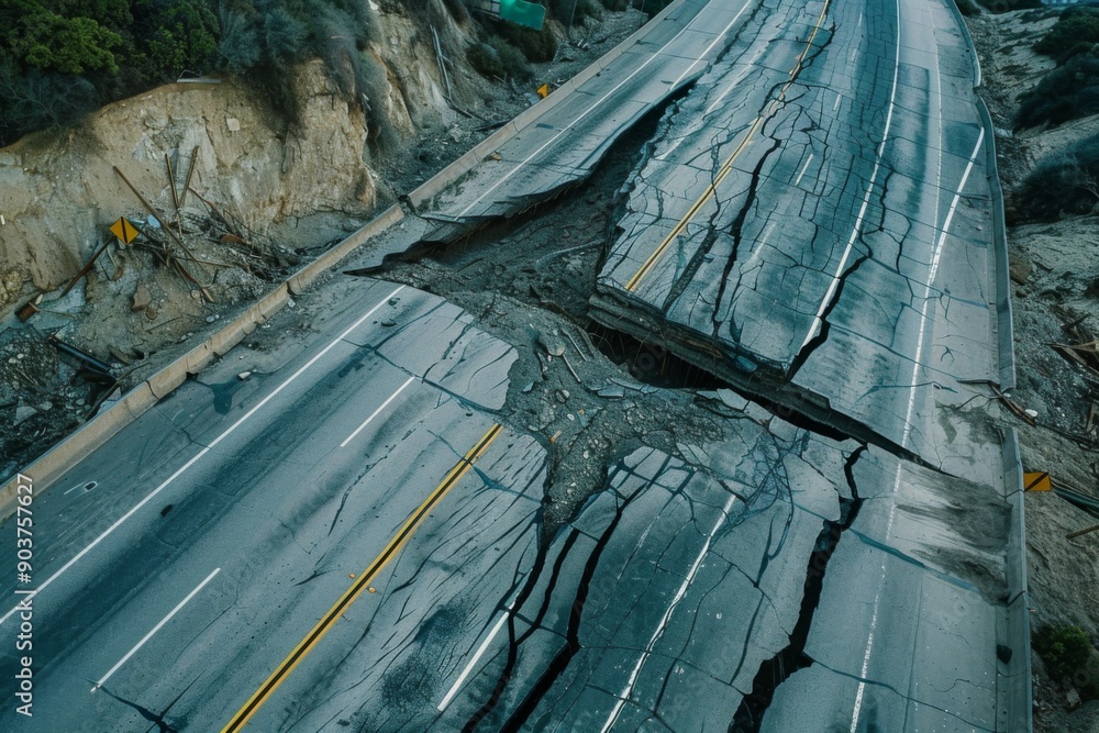 Damage highway collapses huge cracks. Asphalt road collapsed and fallen ...