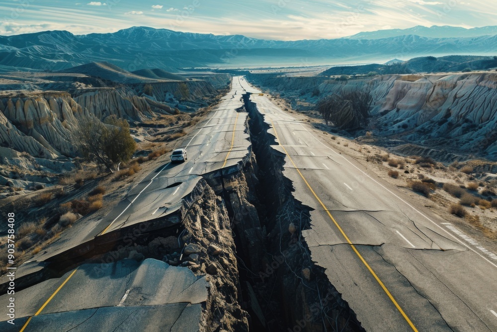Damage highway collapses huge cracks. Asphalt road collapsed and fallen ...